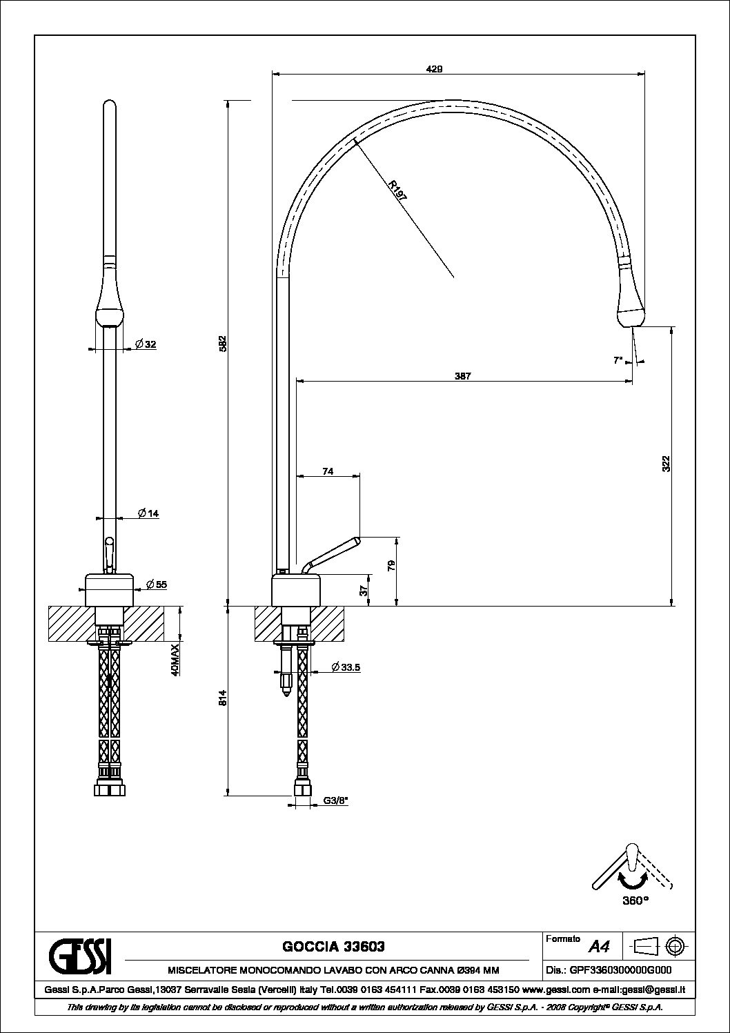 GESSI Miscelatore Lavabo Serie Goccia Bocca Lunga Cromo Cod. 33603/031 ...